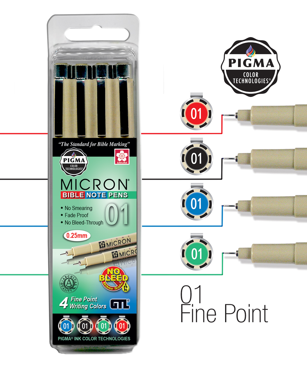 Pigma Micron 01 Bible Note Taking Pens Set: Blue Black Green & Red ...