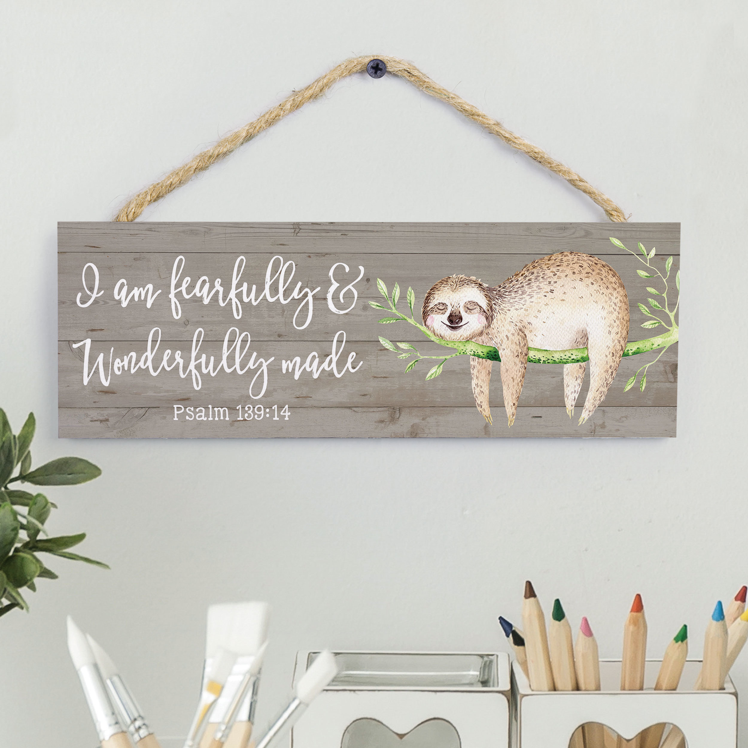 String Sign: I Am Fearfully & Wonderfully Made Pine, Sloth on Branch ...