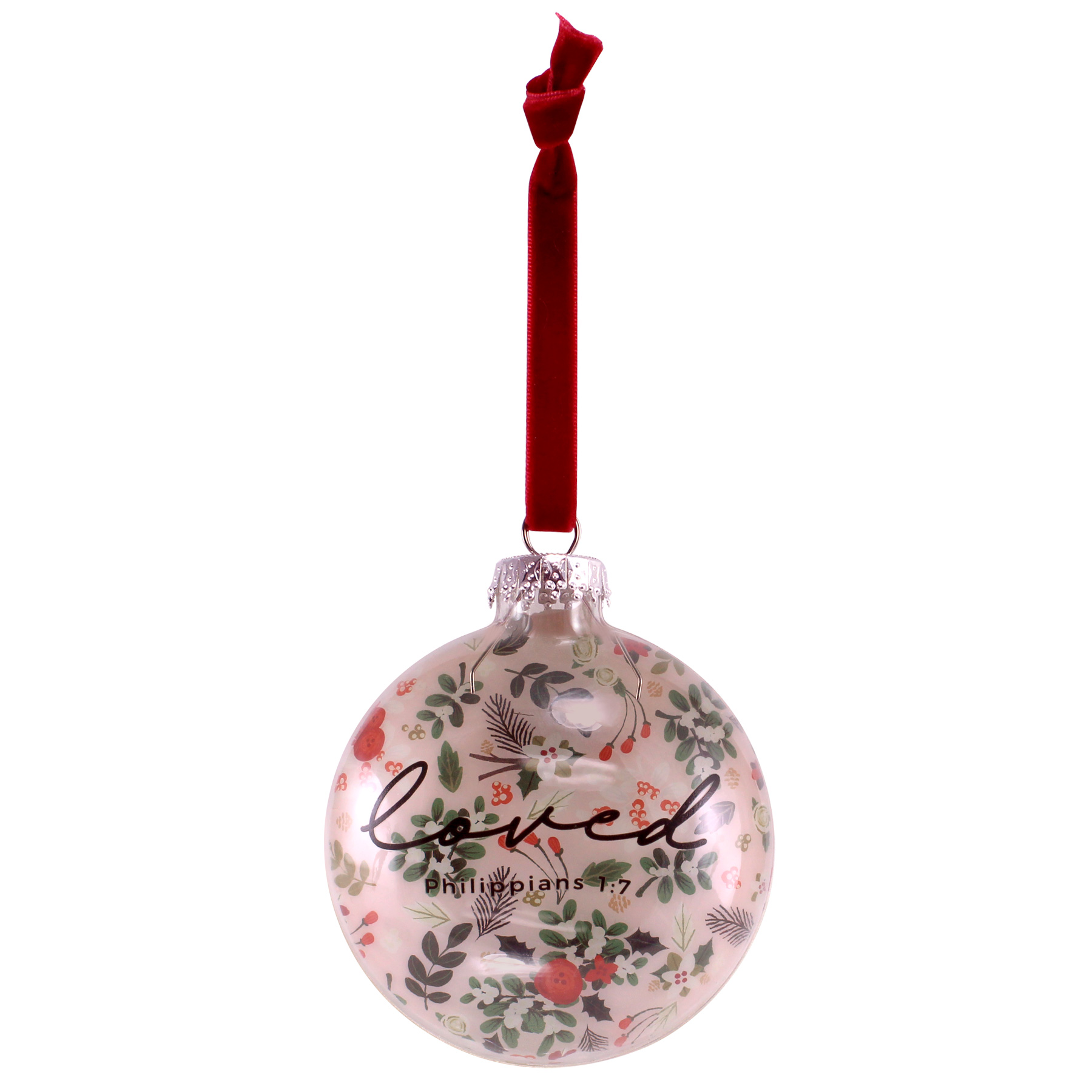 Christmas Ornament (Hand-blown Glass): Loved, Floral (Philippians 1:7 ...