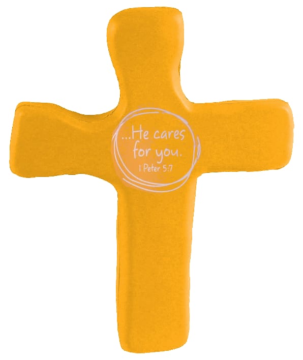 Squeezable Foam Rubber Cross: Yellow, He Cares For You | Koorong