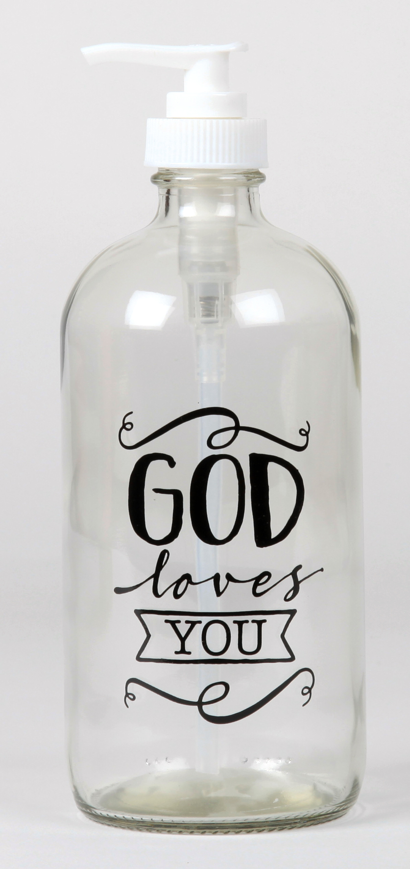 Clear Glass Soap Dispenser: God Loves You | Koorong