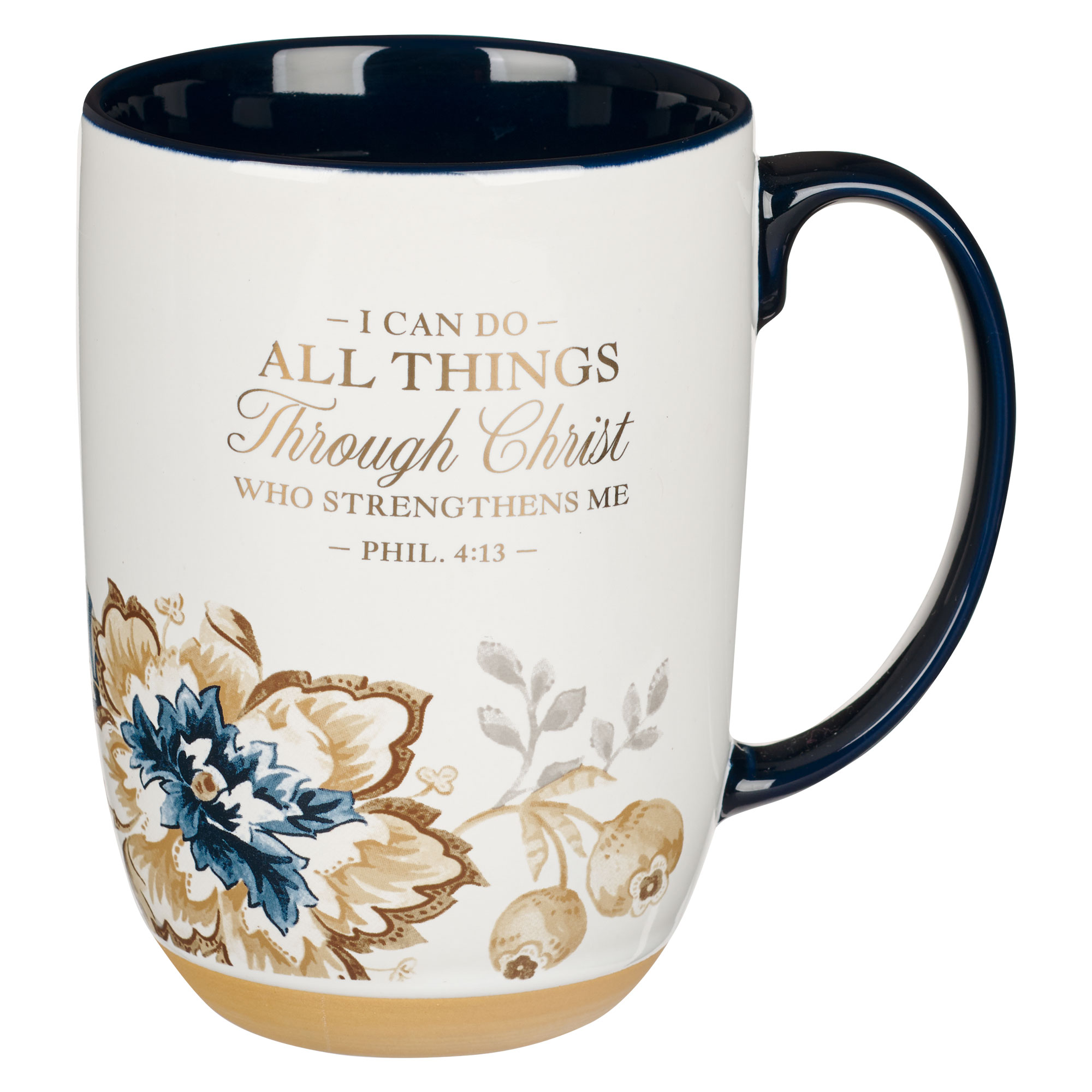 Ceramic Mug: All Things, Phil. 4:13, Trust Honey-brown and Navy Floral ...