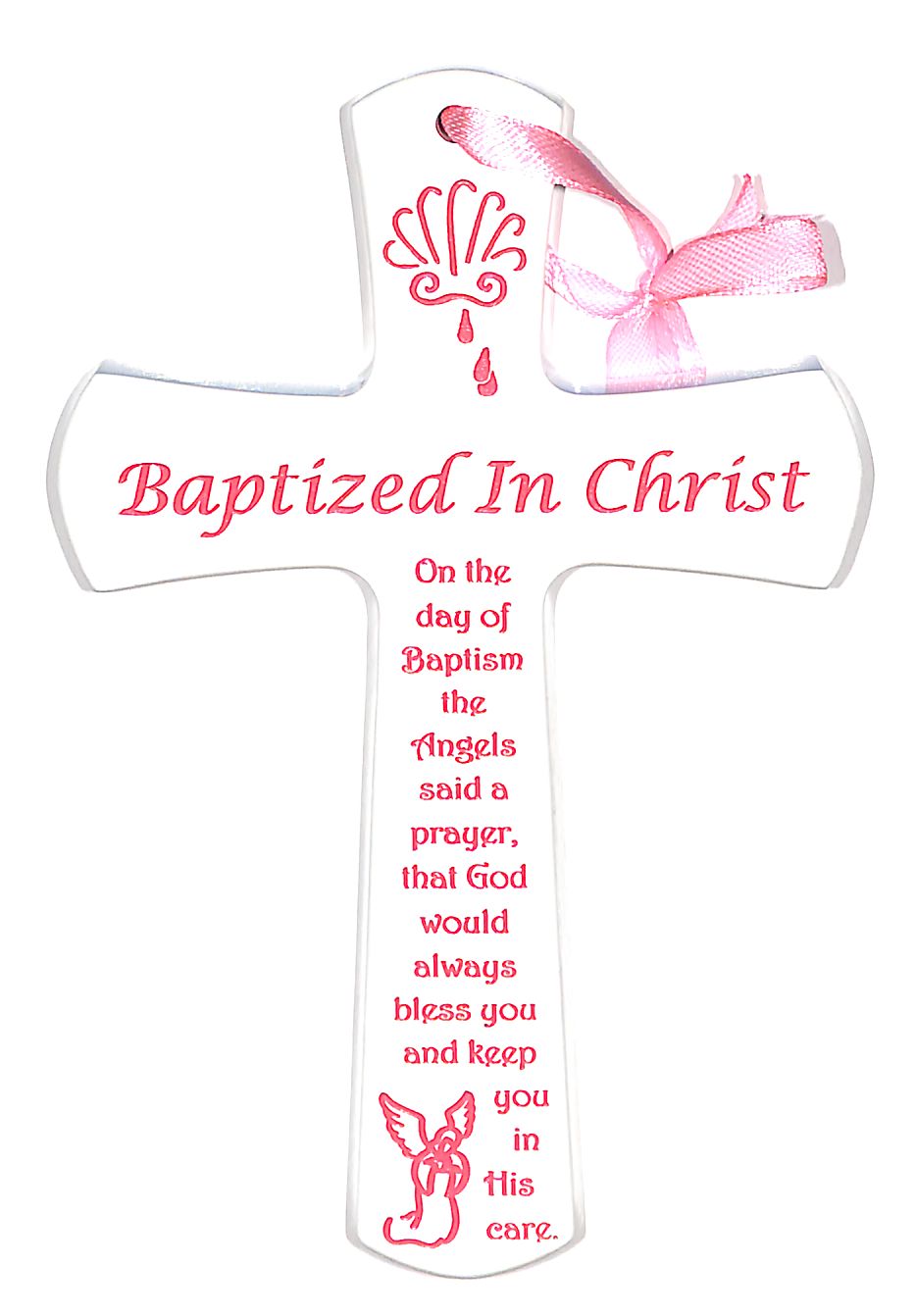 Baptism Cross: White With Pink Lettering and Ribbon (Mahogany) | Koorong