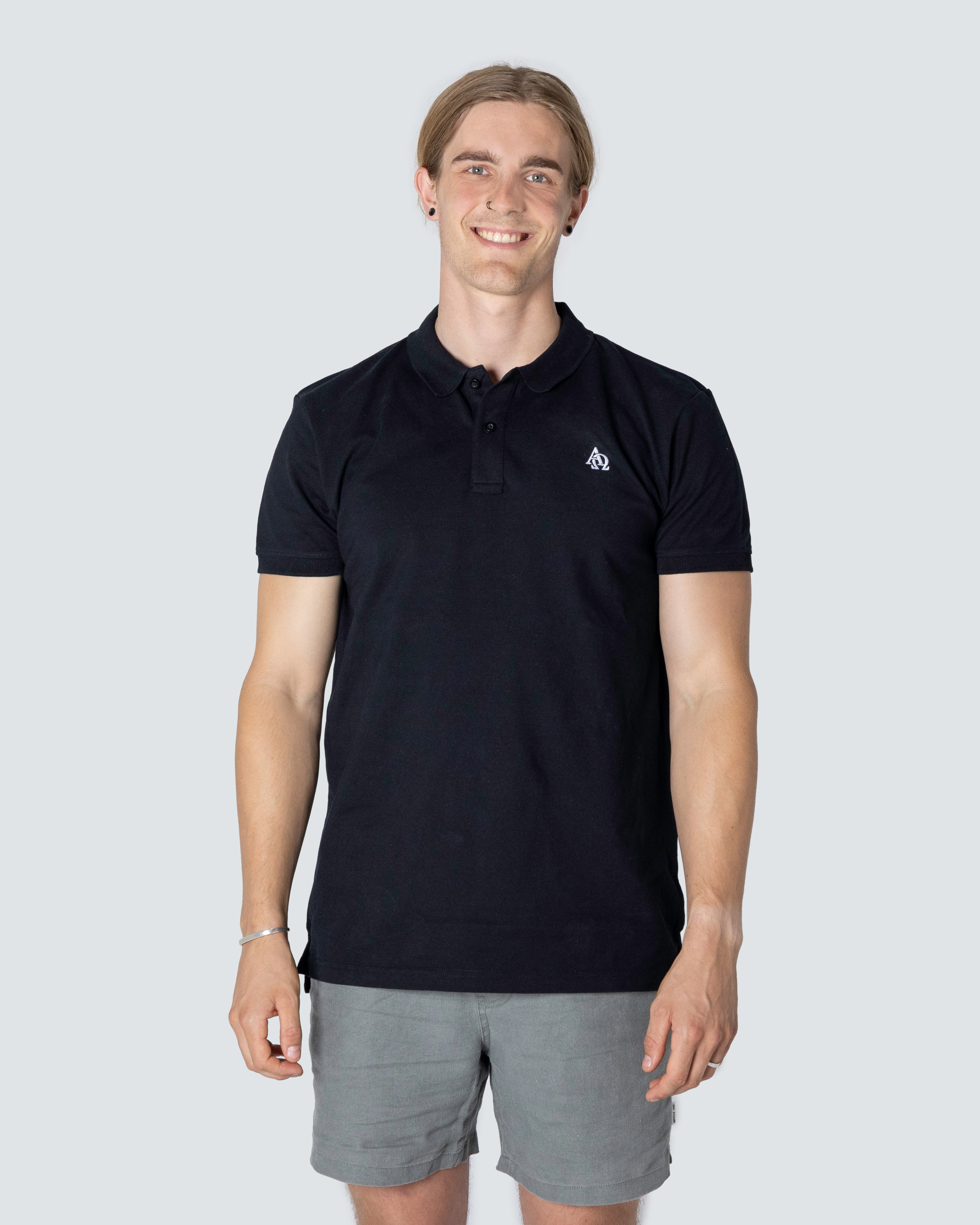 Mens Pique Polo: Alpha and Omega, Large, White on Black (Front & Back ...