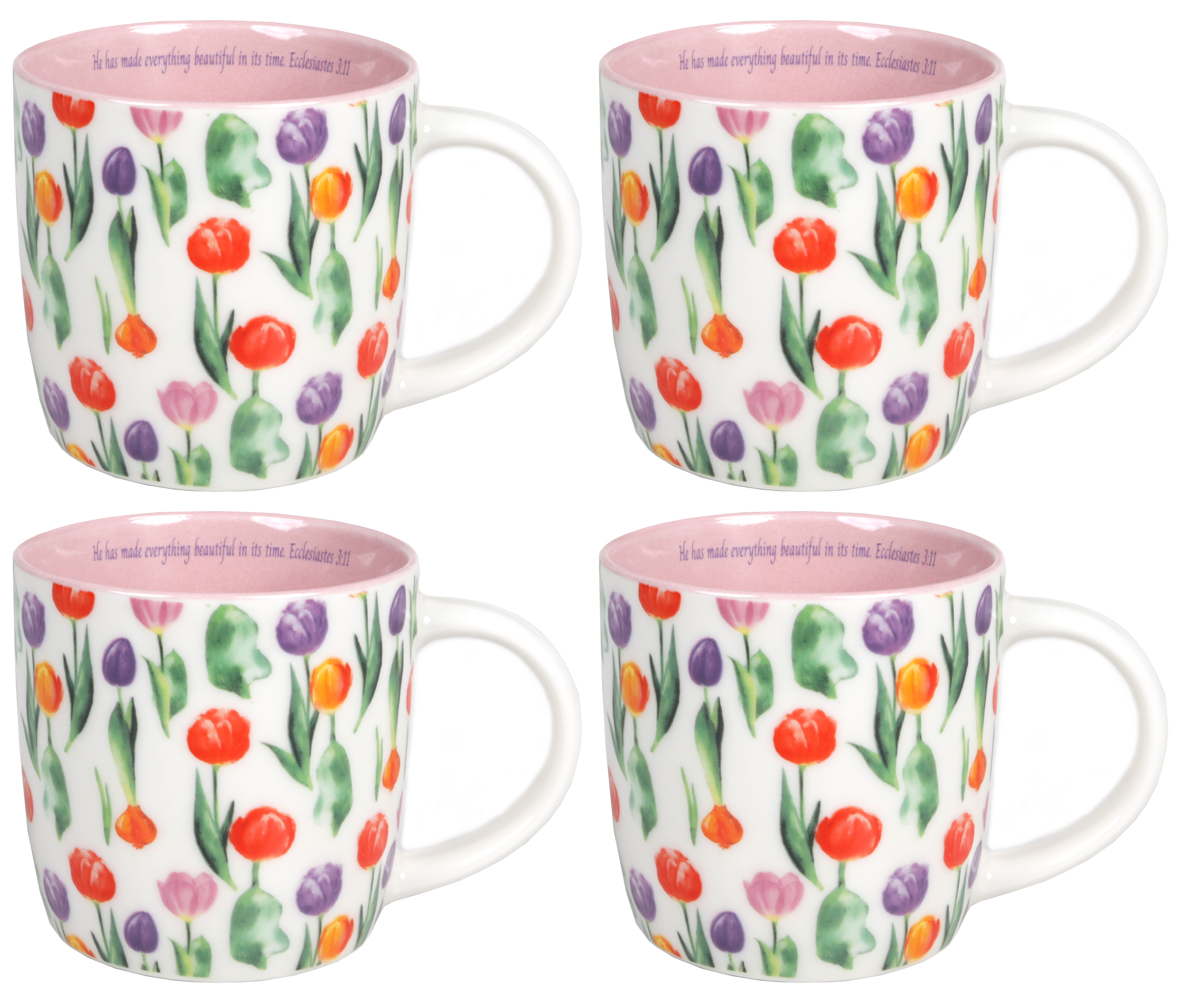 Bone China Mugs, Set of 4, 320 ML: Watercolour Tulips, Eccl. 3:11 | Koorong
