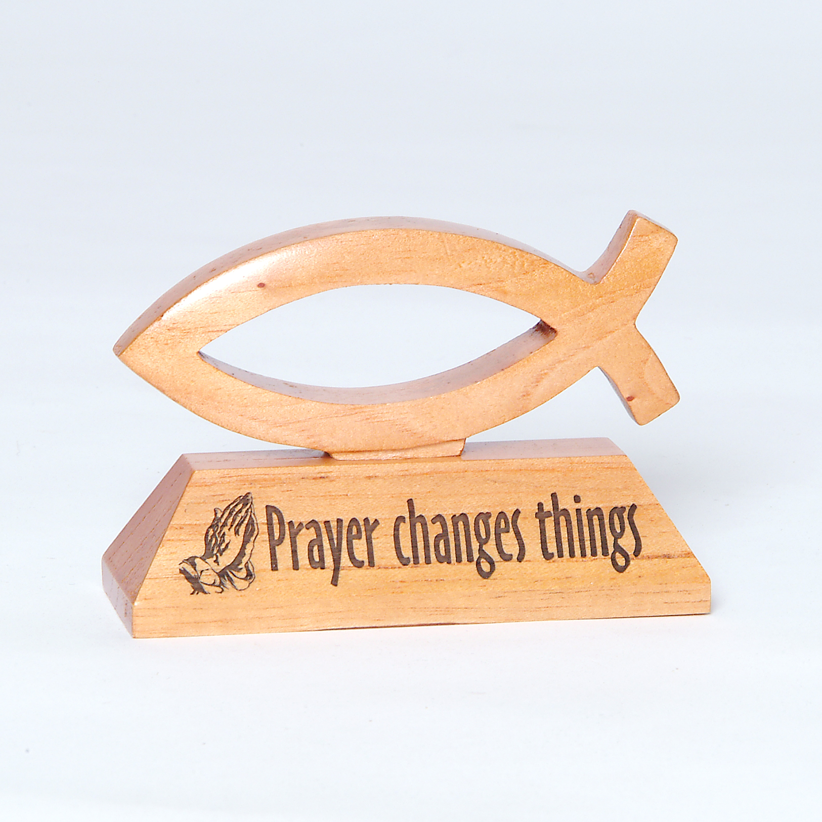 Fish Emblem on Lasered Stand: Prayer Changes Things (Mahogany) | Koorong