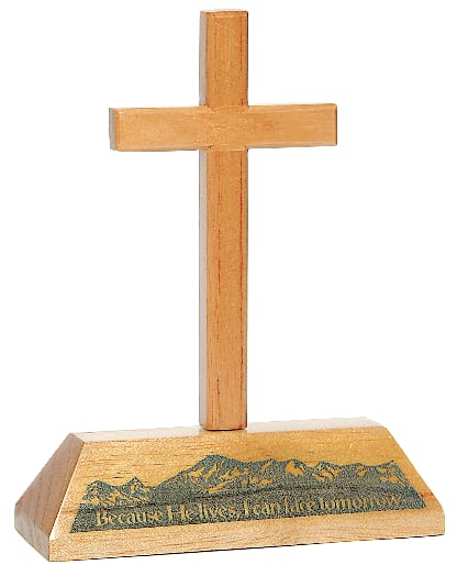 Cross on Stand: Because He Lives, I Can Face Tomorrow (Mahogany) | Koorong